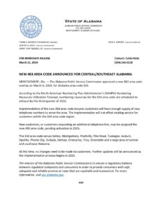 NEW 483 AREA CODE ANNOUNCED FOR CENTRAL_SOUTHEAST ALABAMA – APSC